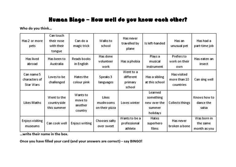 1st Class Activity Human Bingo | PDF