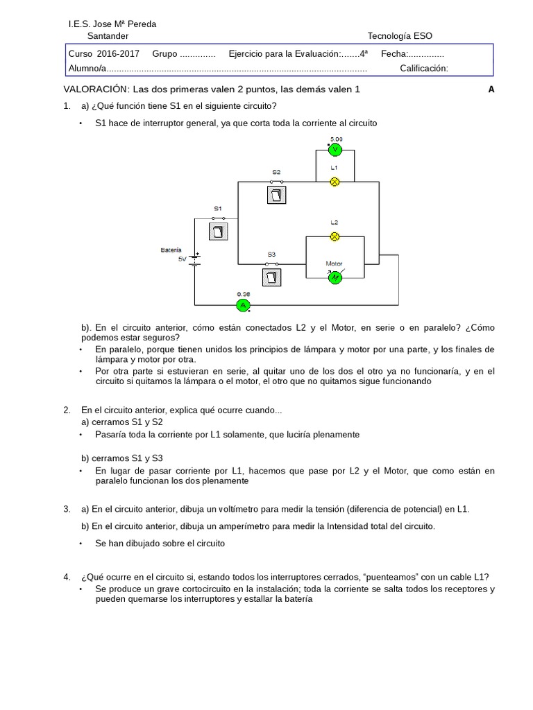 Examen ELECTRICIDAD - Tec 2ESO-5eval RESUELTO | PDF | Corriente eléctrica | voltaje