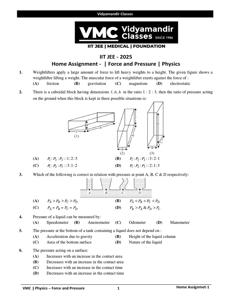 IIT JEE - 2025 Home Assignment - Force and Pressure - Physics | PDF | Pressure | Force