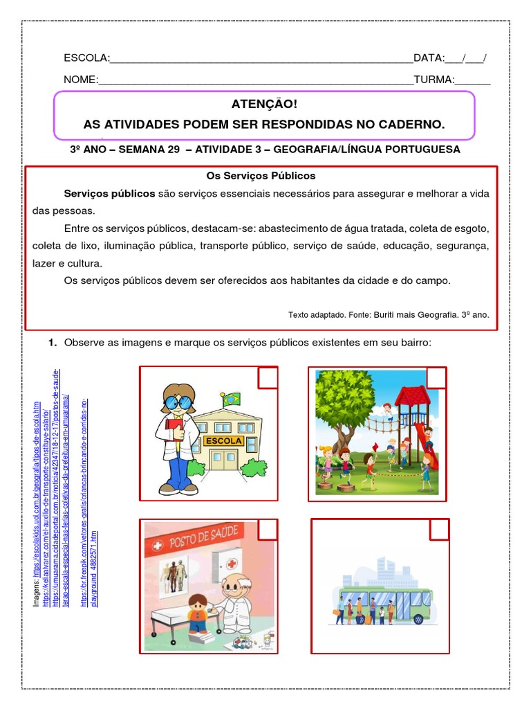 3º Ano - Semana 29 - Atividade 3 - Geografia | PDF | Serviços públicos