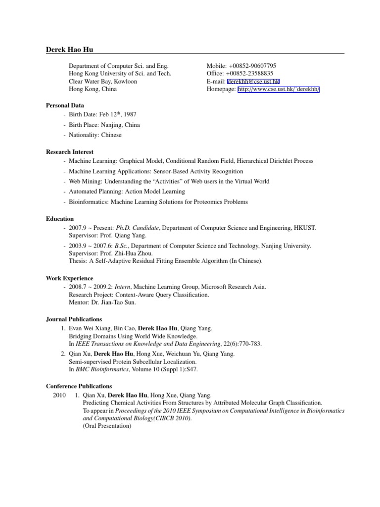 Derek Hao Hu: Curriculum Vitae of a Promising Machine Learning Researcher | PDF | Association ...