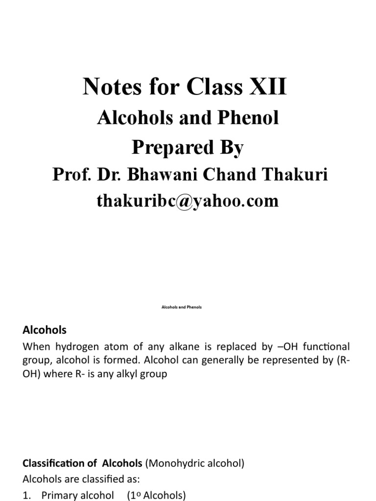 Notes For Class XII: Alcohols and Phenol Prepared by | Download Free ...