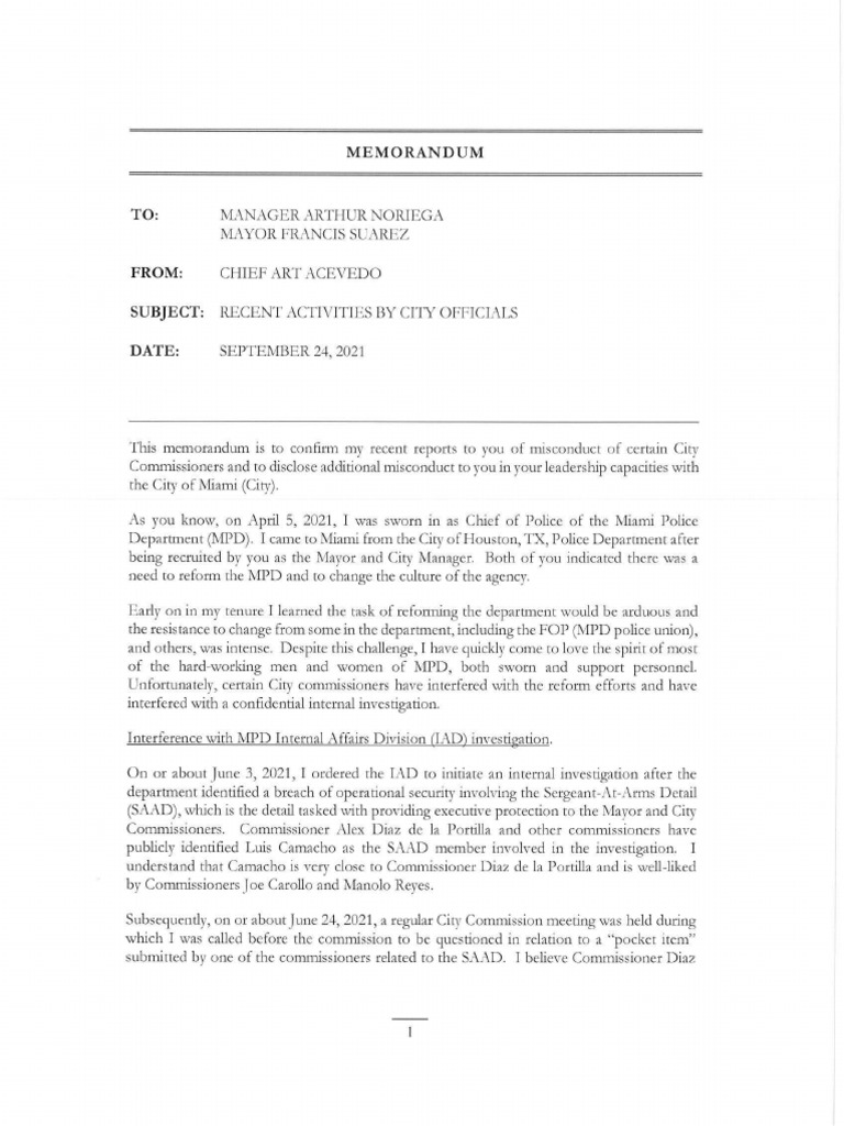 Miami Police Chief Memo To Mayor, City Manager | PDF | Misconduct ...
