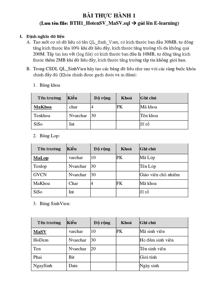 Bài TH C Hành 1: (Lưu Tên File: Bth1 - Hotensv - Masv - SQL G I Lên E ...