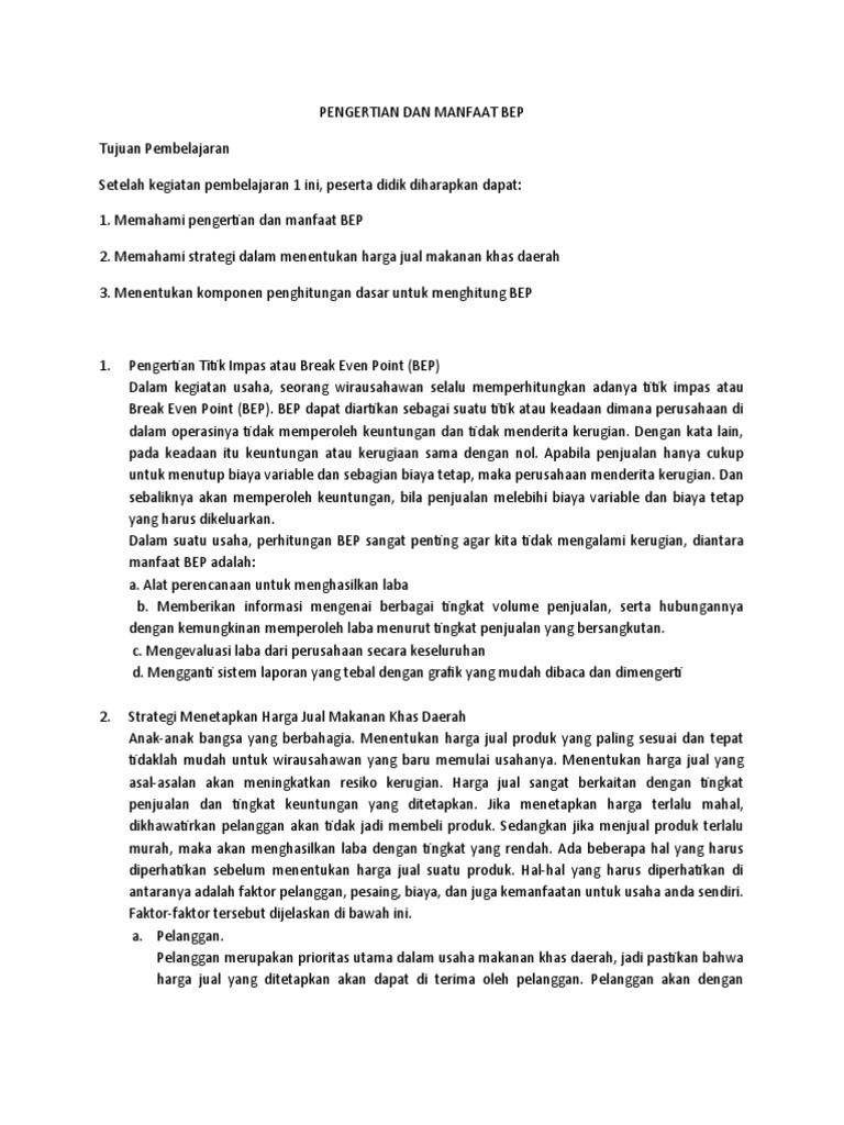 Materi PKWU 13 Sept 2021 PENGERTIAN DAN MANFAAT BEP | PDF