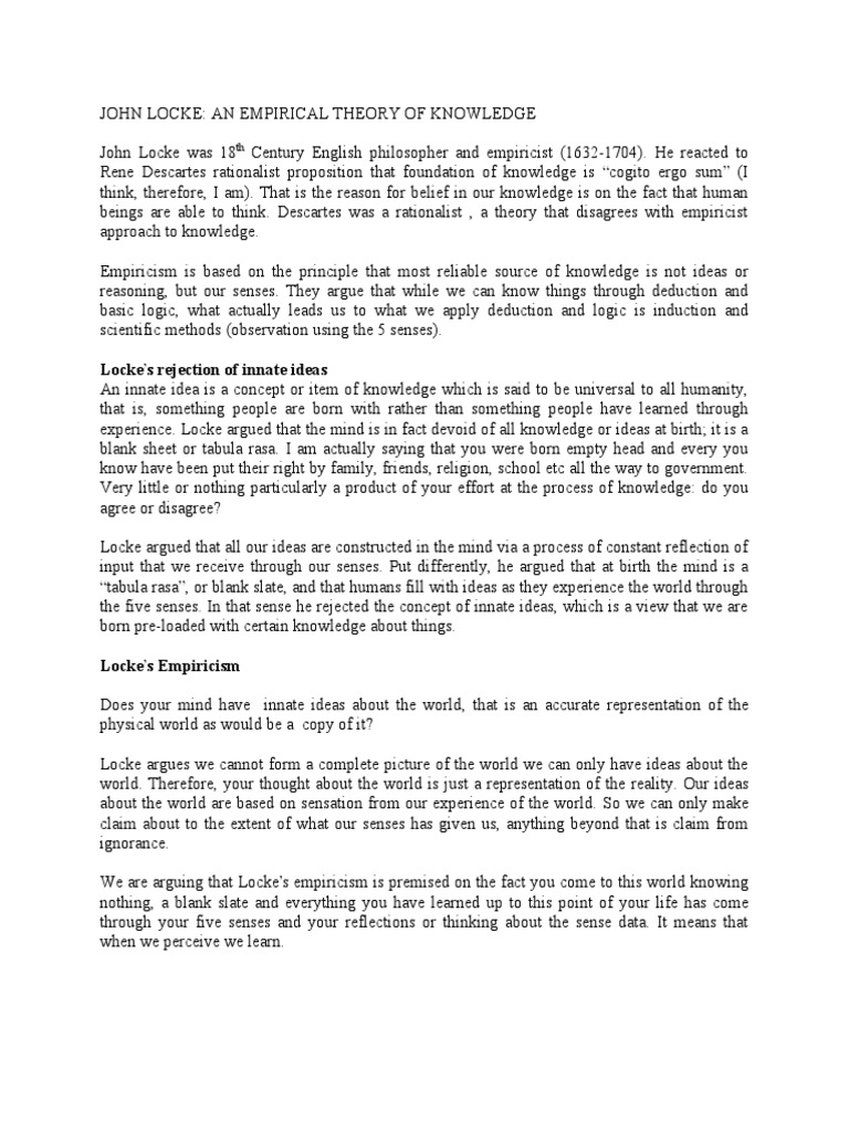 John Locke - An Empirical Theory of Knowledge-1 | PDF | Empiricism | Idea