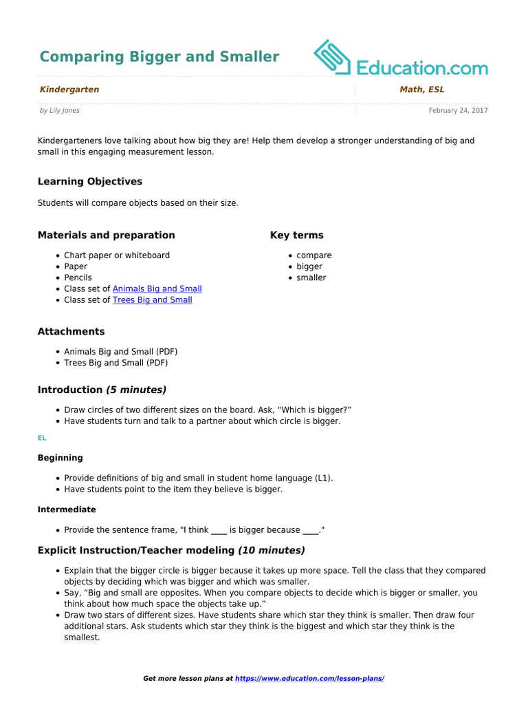 Comparing Bigger Smaller | PDF | Lesson Plan | Educational Psychology
