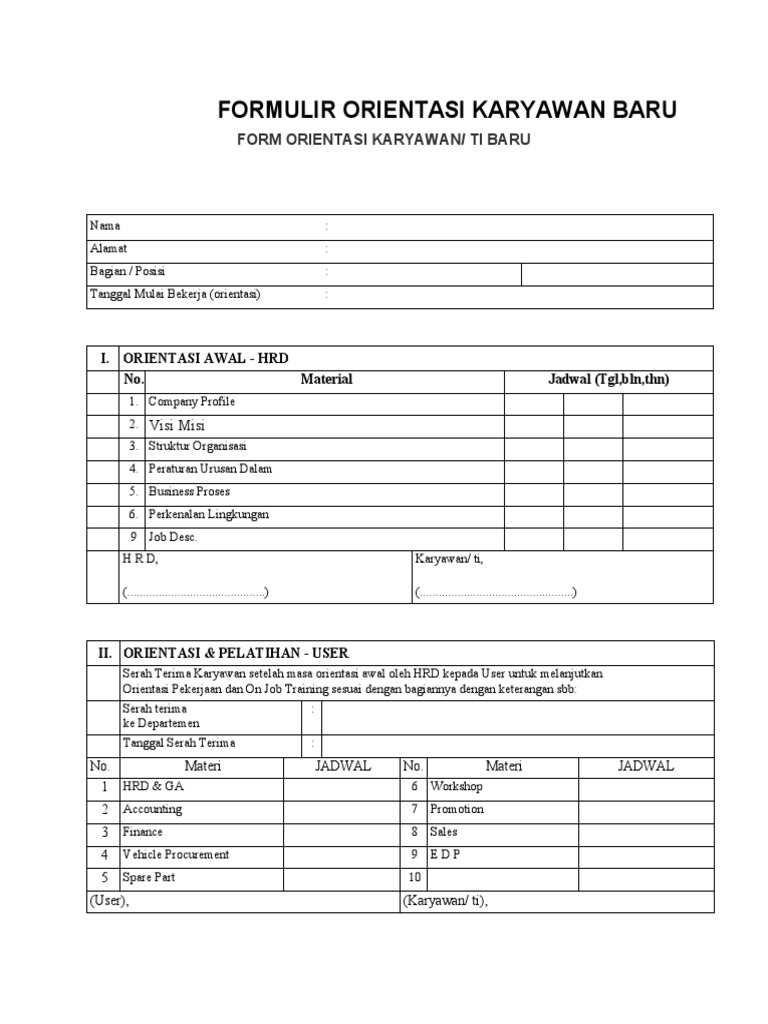 Formulir Orientasi Karyawan Baru | PDF