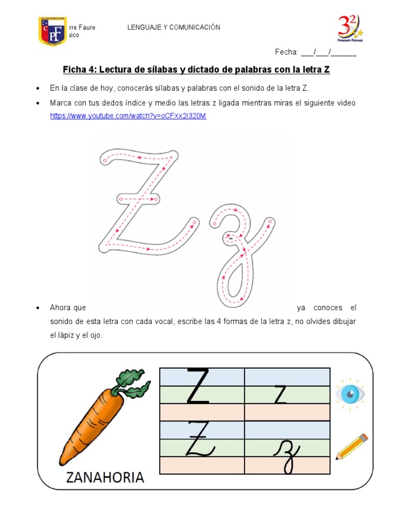 Ficha 4 Lectura de Sílabas y Dictado de Palabras Letra Z | PDF