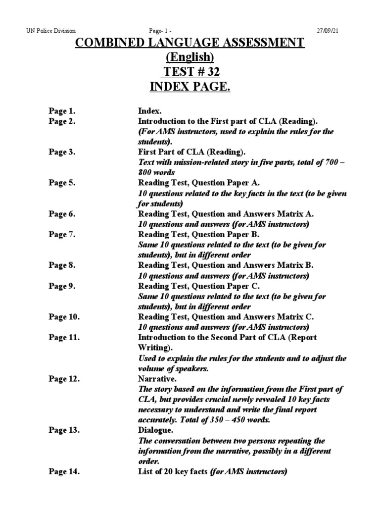 Combined Language Assessment (English) TEST # 32 Index Page | PDF ...