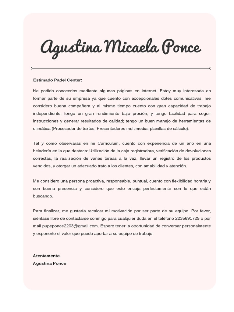Agustina Ponce, Carta de Presentación | PDF | Crecimiento personal y profesional