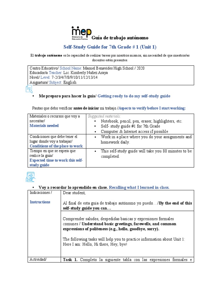 Self Study Guide For 7th Grade Unit 1 | PDF