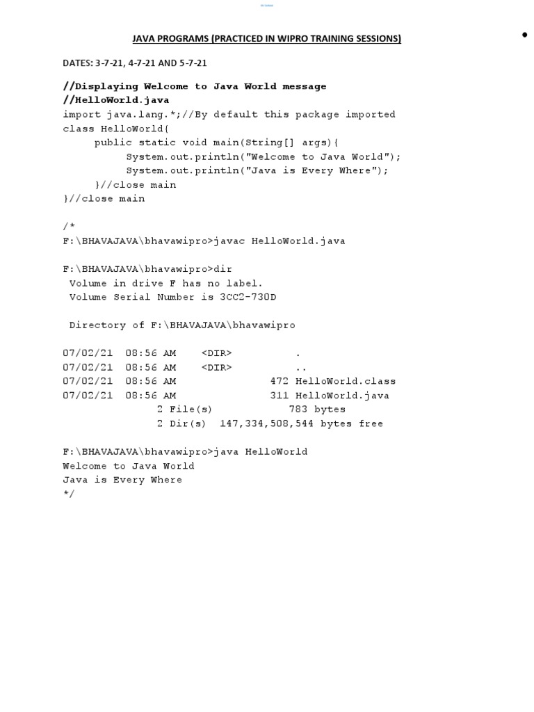 Java Programs (Practiced in Wipro Training Sessions) | PDF | Information Technology Management ...