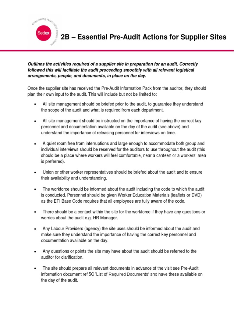 2B Essential Pre-Audit Actions For Sites | PDF | Audit | Business