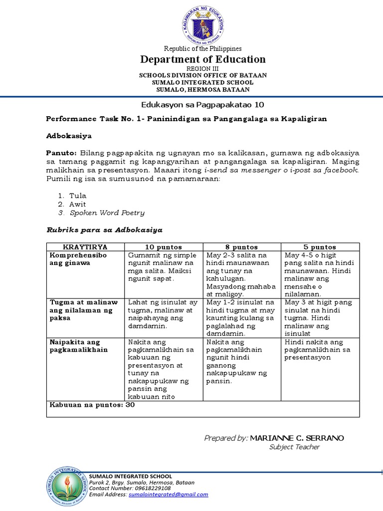 Quarter 4-Performance Task No. 1 in Edukasyon Sa Pagpapakatao 10 Module ...