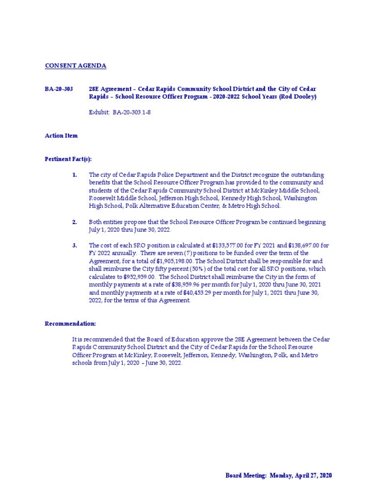 Cedar Rapids Schools SRO 28E Agreement | PDF | Emergency Services | Crimes