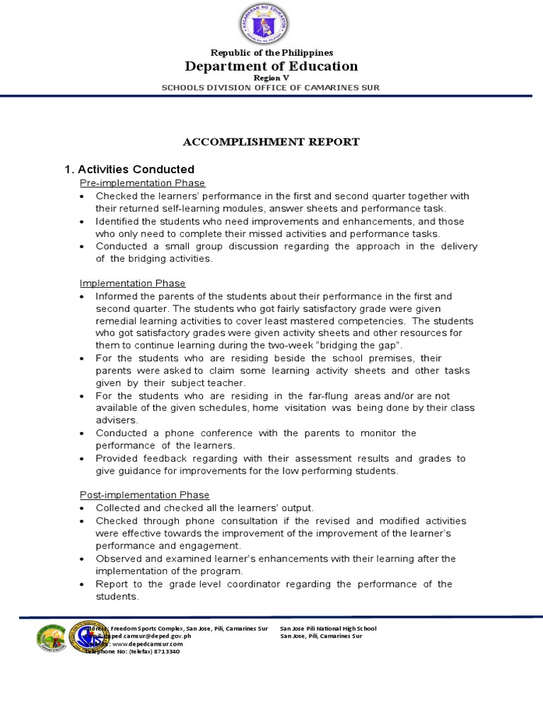 Department of Education: 1. Activities Conducted | PDF | Learning ...