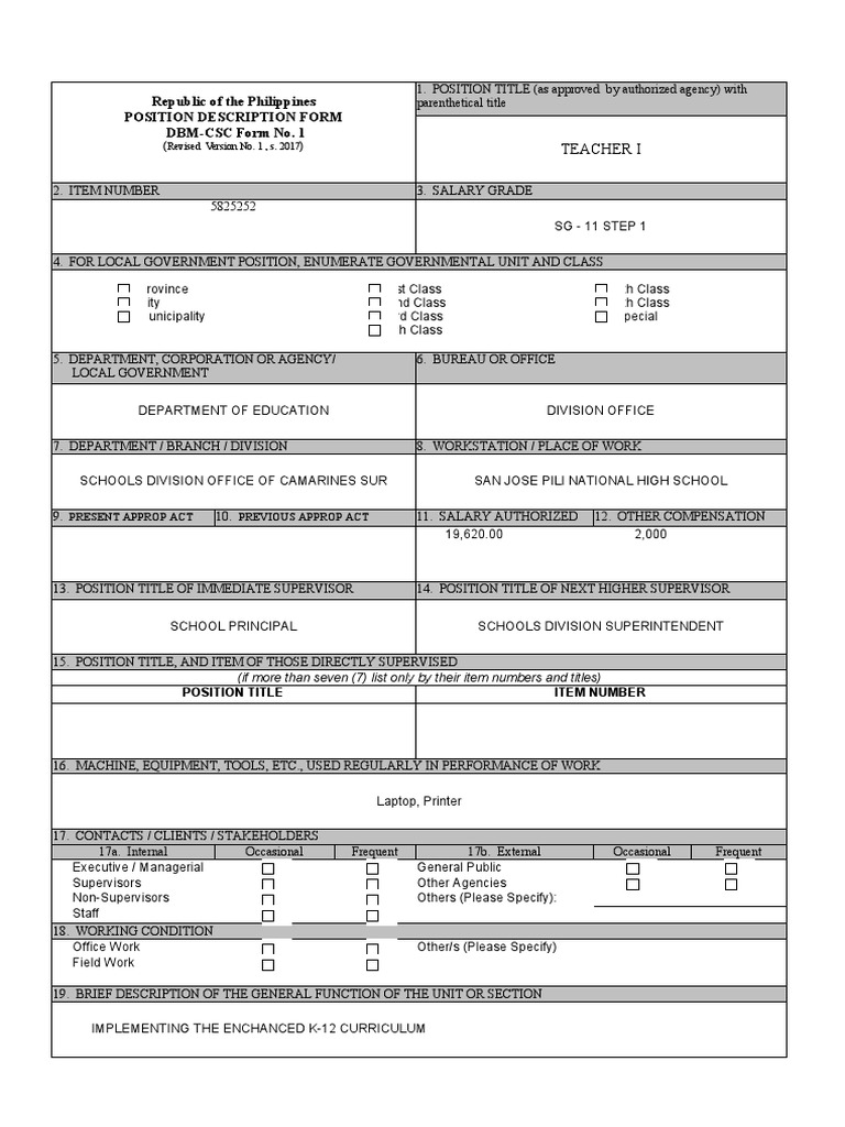 DBM CSC Form No. 1 Position Description Forms TEACHER I | PDF ...
