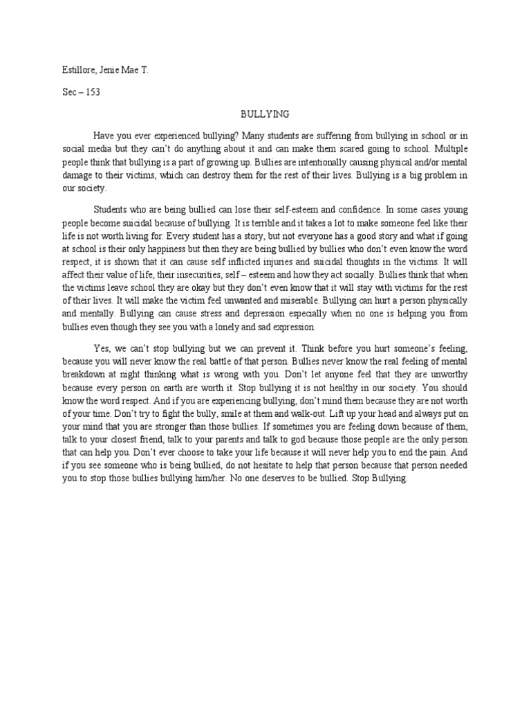 Argumentative Essay | PDF | Bullying | Self Esteem
