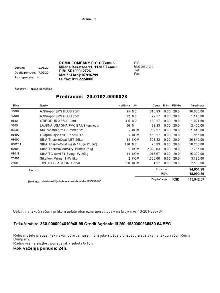 Roma Predracun PDV Maloprodaje Memorandum 20-0102-0000828 | PDF