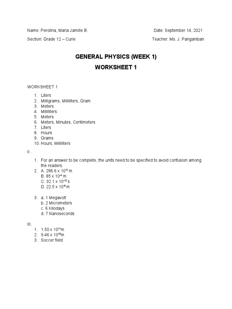 Grade 12 Physics Worksheet 1 | PDF