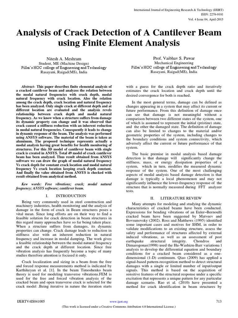 Analysis Of Crack Detection Of A Cantilever Beam Using Finite Element Analysis Ijertv4is041005
