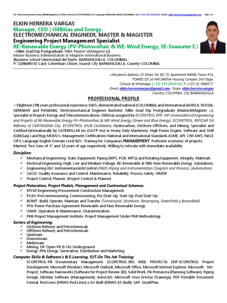 CV. Eng. Elkin Herrera. Language ENGLISH. (2021) - RE. PV-WE-SE | PDF ...