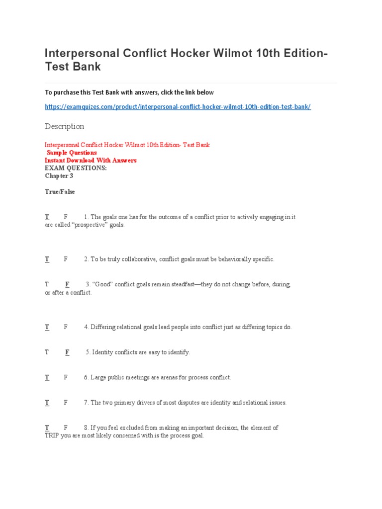 Interpersonal Conflict Hocker Wilmot 10th Edition - Test Bank | PDF ...