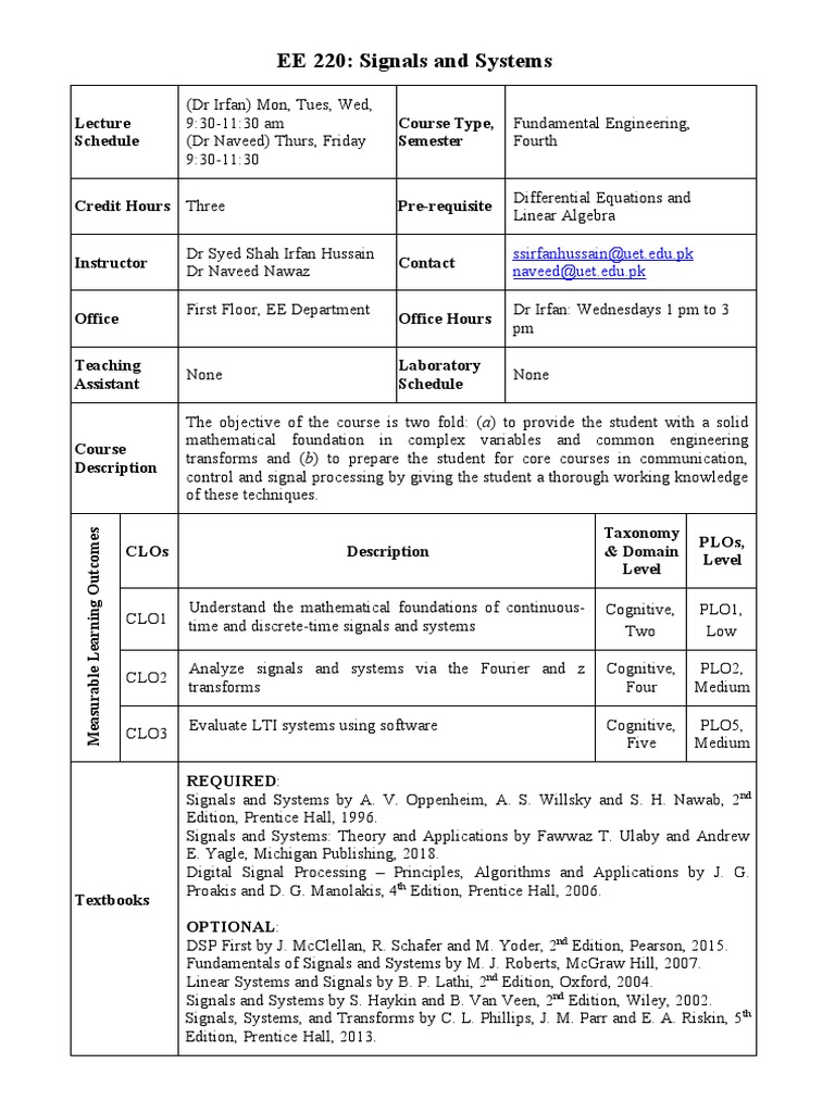 EE 220: Signals and Systems: S Sirfanhussain @uet - Edu.pk Naveed@uet - Edu.pk | PDF | Fourier ...