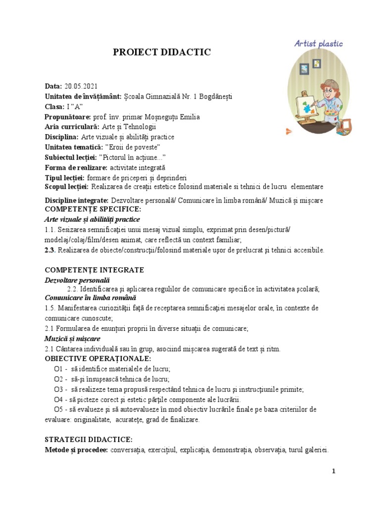 Proiect Didactic AVAP, Pictorul În Acțiune 20.05.2021 | PDF