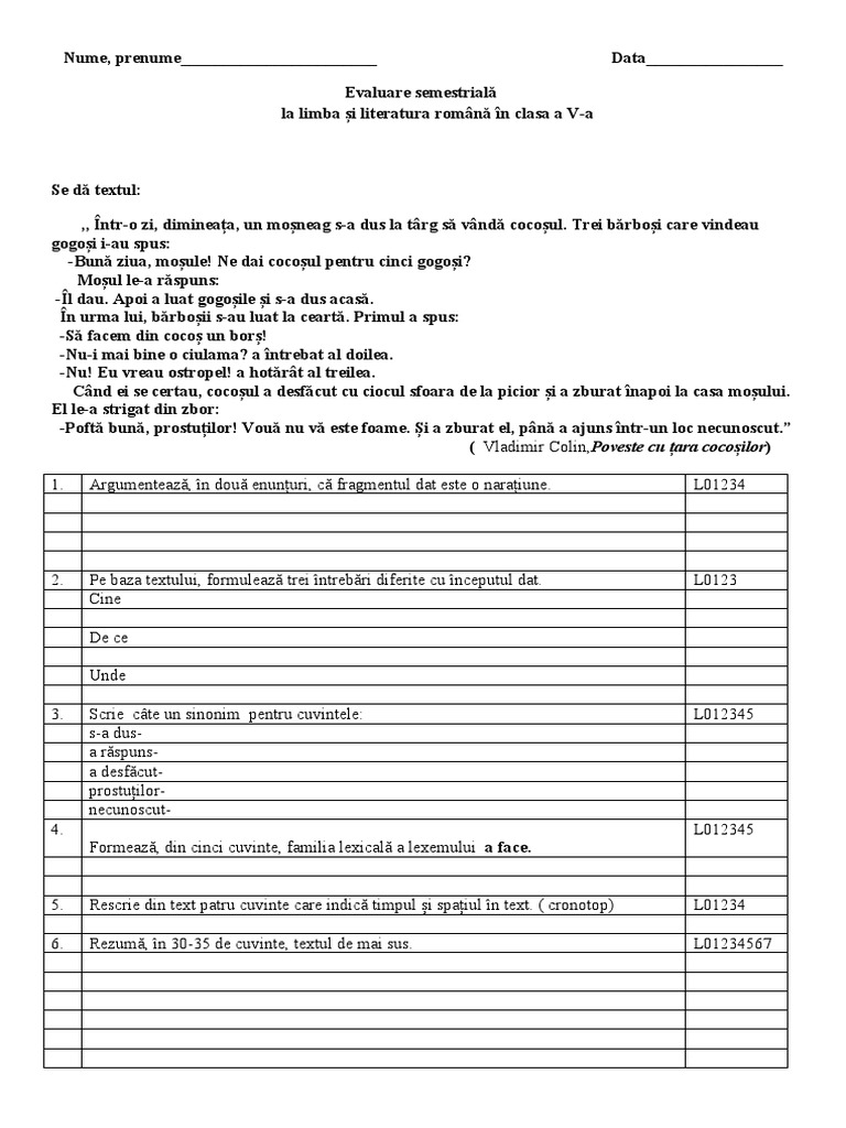 Cl.5 Evaluare Semestriala | PDF