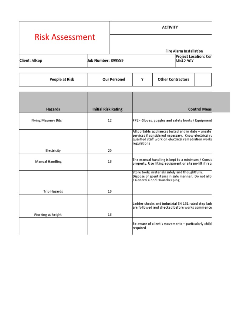 RiskAssessment FireAlarmInstallation | PDF | Personal Protective ...