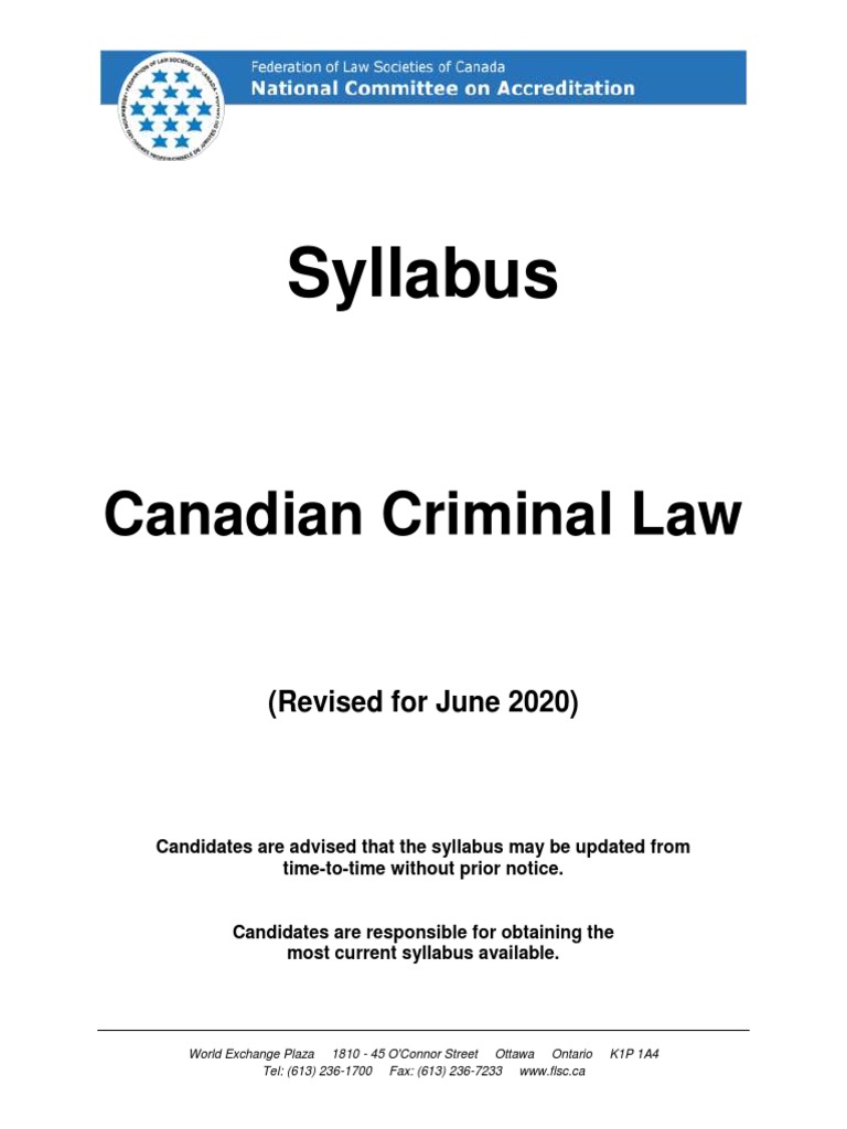 Syllabus: Canadian Criminal Law | PDF | Mens Rea | Element (Criminal Law)