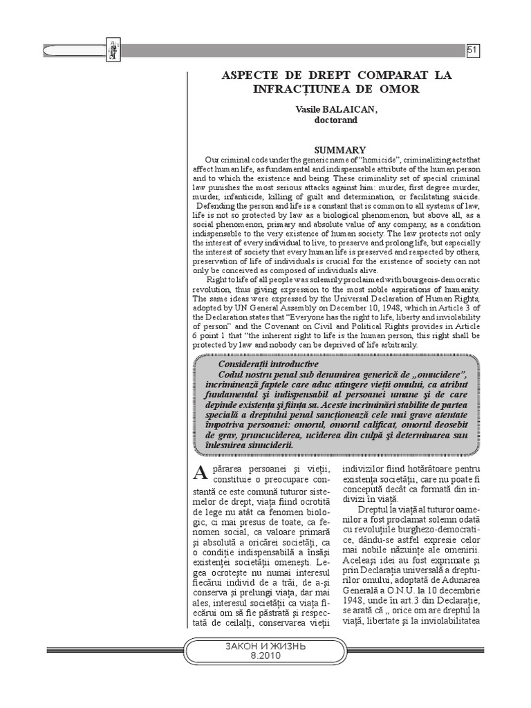 Aspecte de Drept Comparat La Inflactiunea de Omor | PDF | Murder | Government