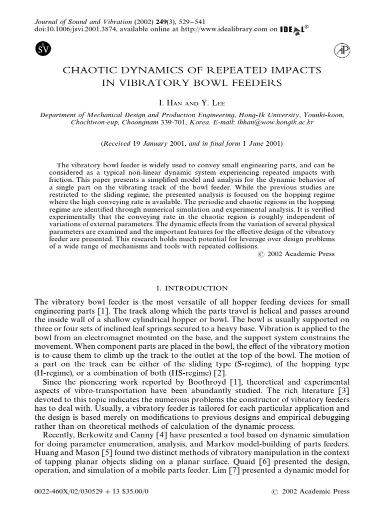 Analysis of the Chaotic Dynamics and Conveying Behavior of Parts in Vibratory Bowl Feeders | PDF ...