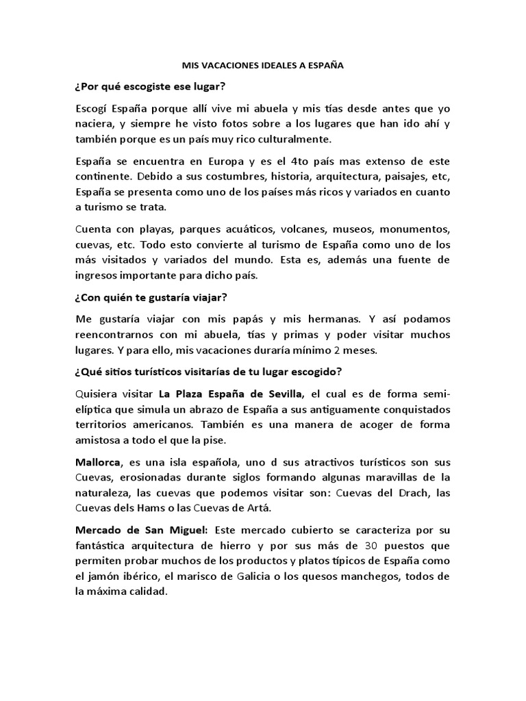 Mis Vacaciones Ideales A España | PDF
