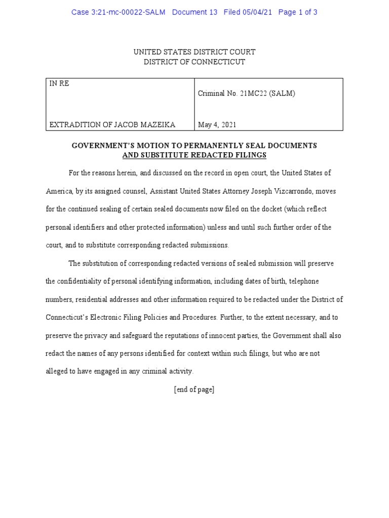 CT US District Court Re: Jacob Mazeika Extradition - Redacted Complaint ...