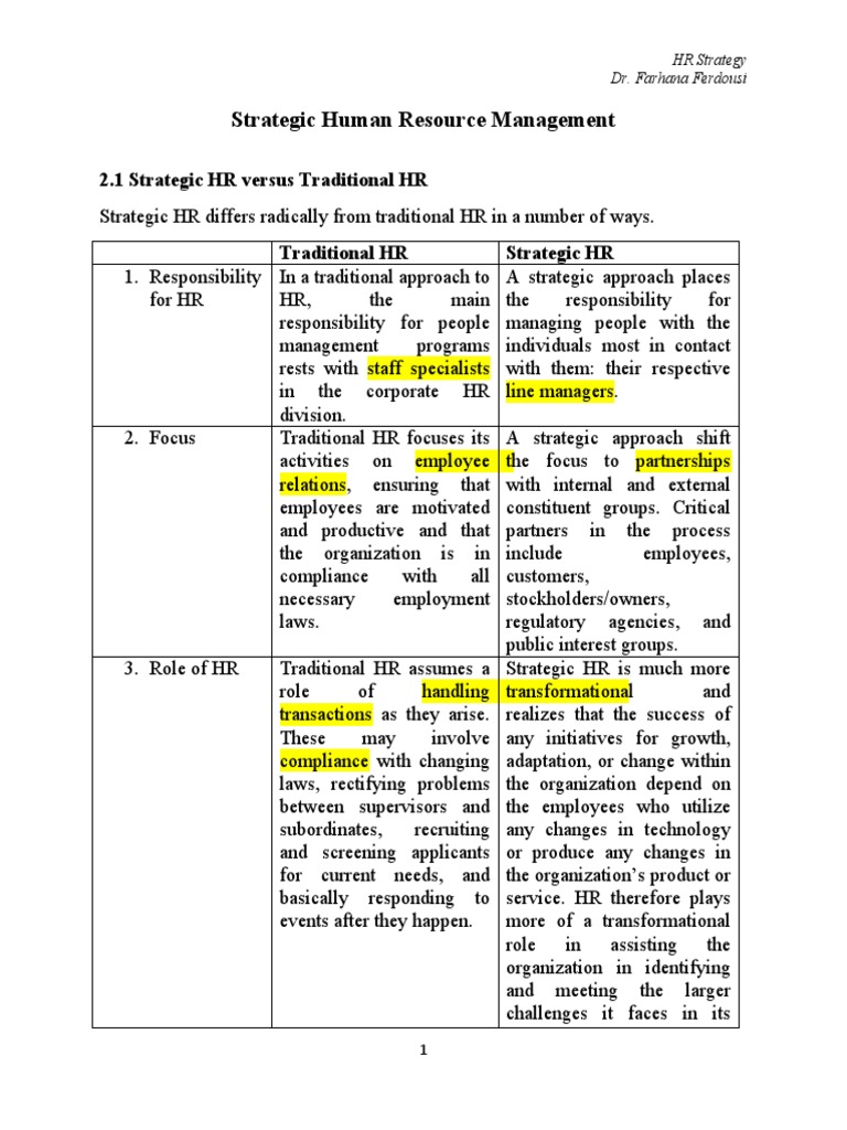 Strategic Human Resource Management: 2.1 Strategic HR Versus ...