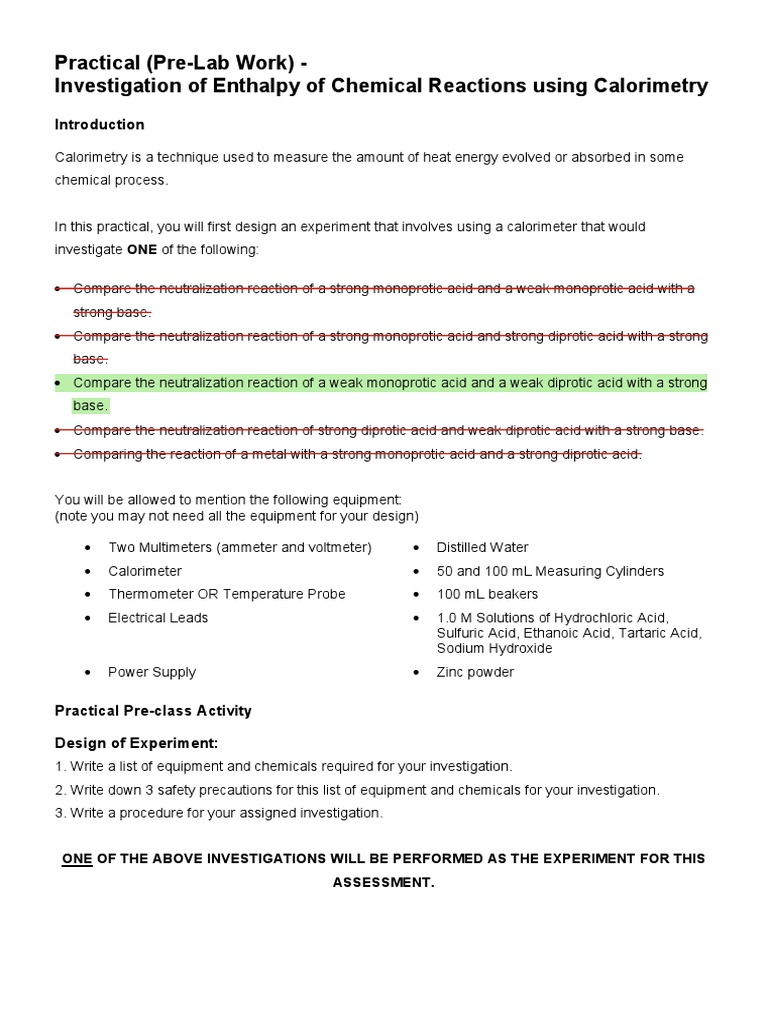 Investigation of Enthalpy of Reaction Pre Lab Sem2 2021 | PDF | Science ...