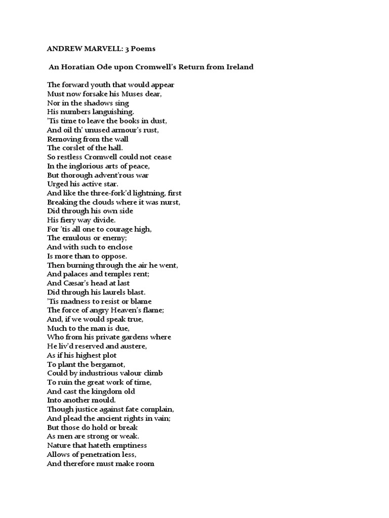 Andrew Marvell: 3 Poems An Horatian Ode Upon Cromwell's Return From ...
