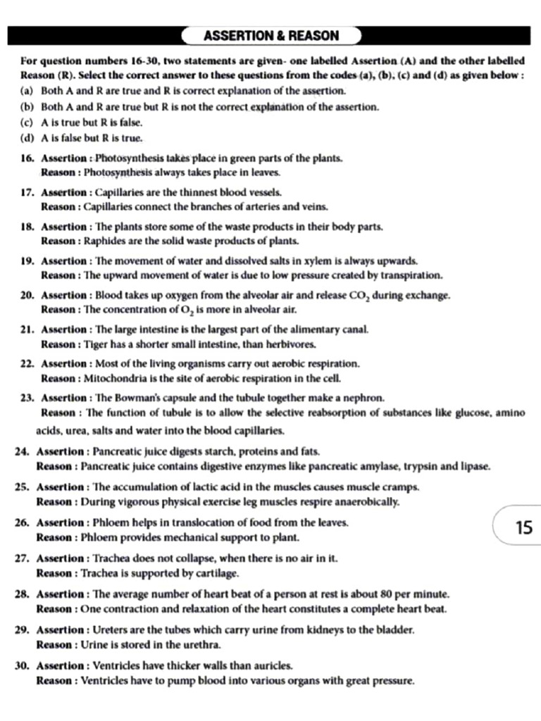 Assertion and Reason Life Process | PDF