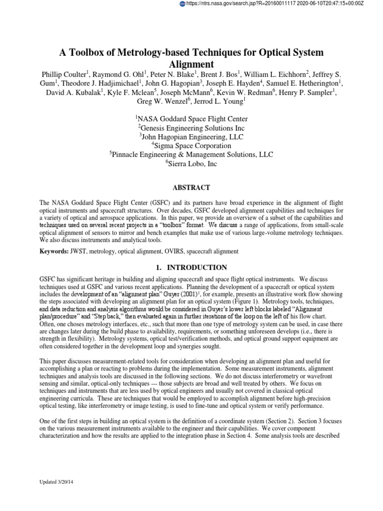 A Toolbox of Metrology-Based Techniques For Optical System Alignment | PDF | Optics | Mirror