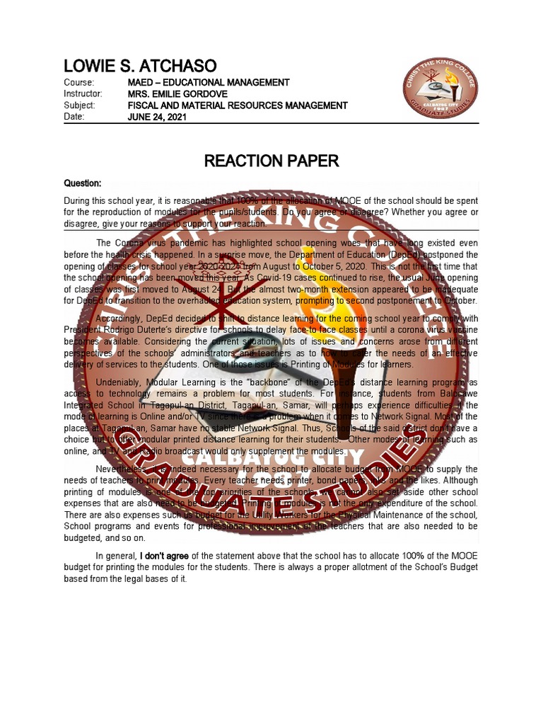 Lowie S. Atchaso: Reaction Paper | PDF | Distance Education