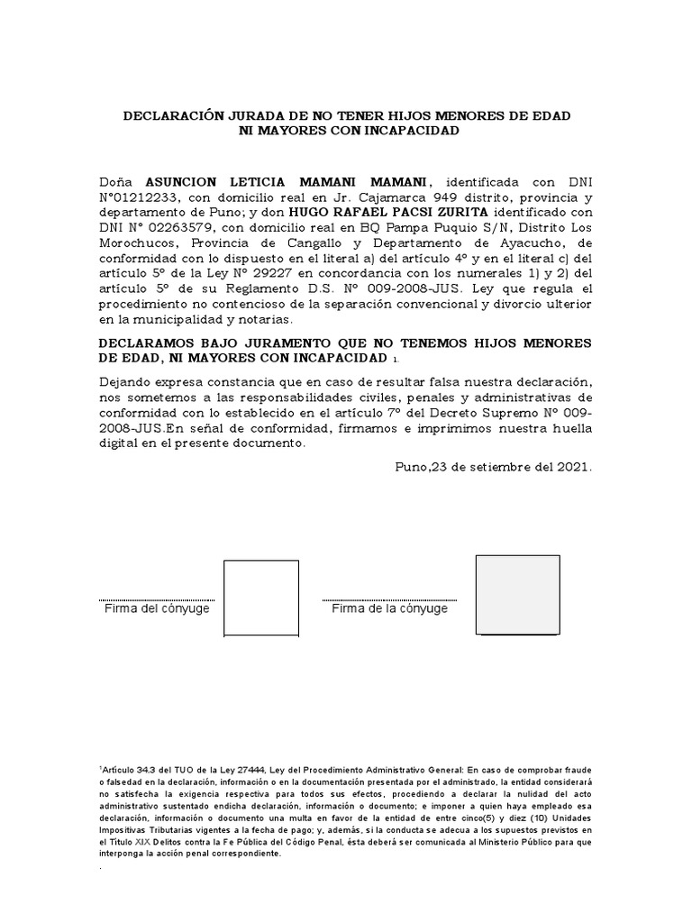 Declaración Jurada de No Tener Hijos Menores de Edad (Divorcio) | PDF | Derecho