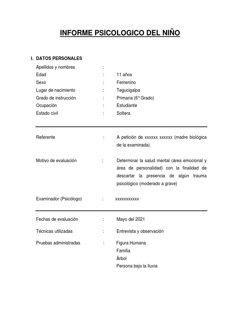 Ejemplo Informe Psicologico | PDF | Las emociones | Sicología