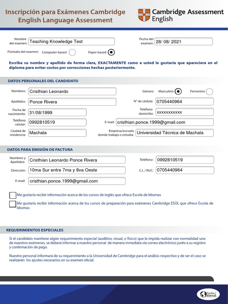 Formulario de Registro - EXAMEN CAMBRIDGE | PDF