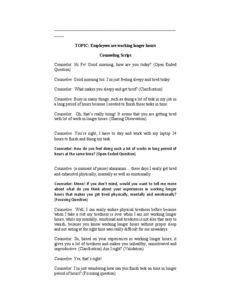 TOPIC: Employees Are Working Longer Hours Counseling Script | PDF ...