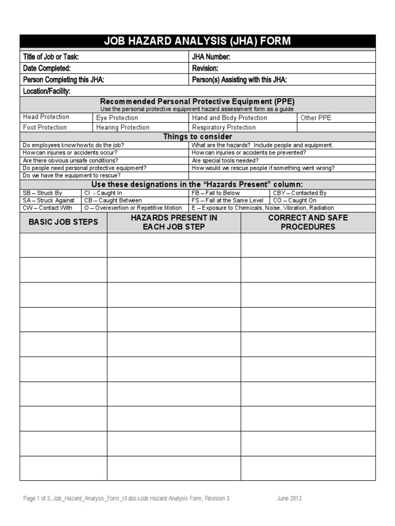 Job Hazard Analysis Form | PDF | Personal Protective Equipment | Health ...