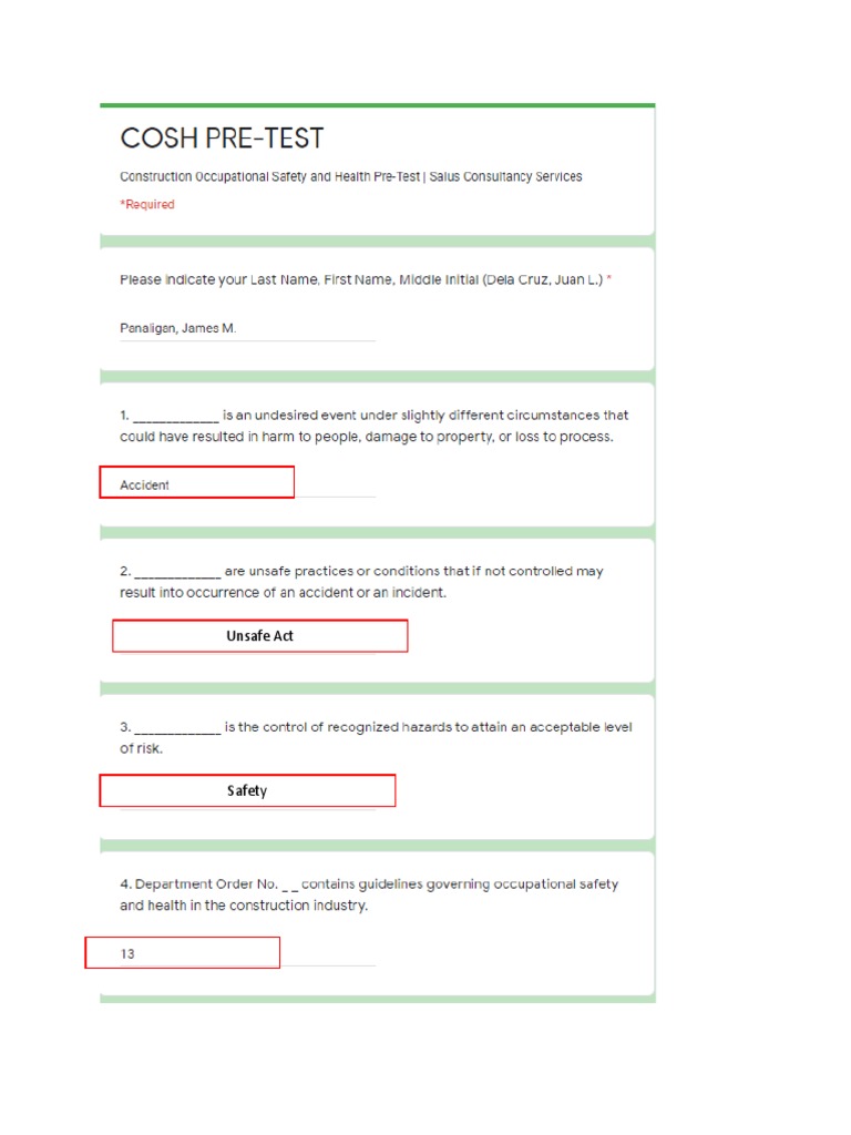 Pre Test COSH Training | PDF