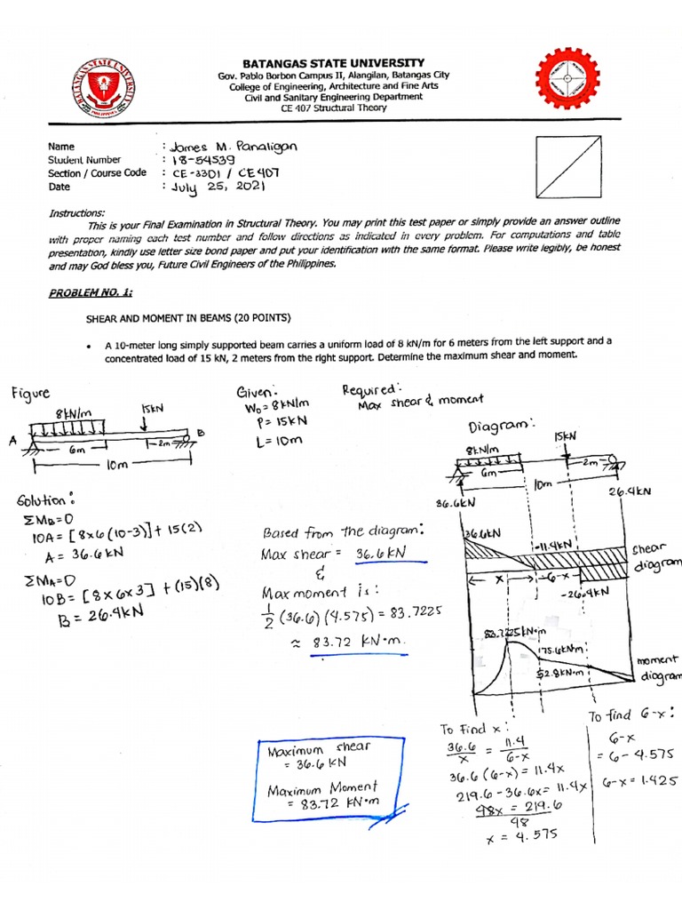 Final Exam On Structural Theory - Panaligan, James M. | PDF